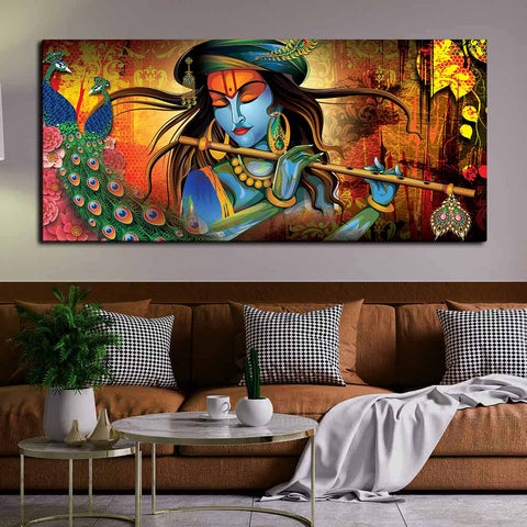 Lord Krishna Playing Flute Premium Canvas Wall Painting – Decors Mantra