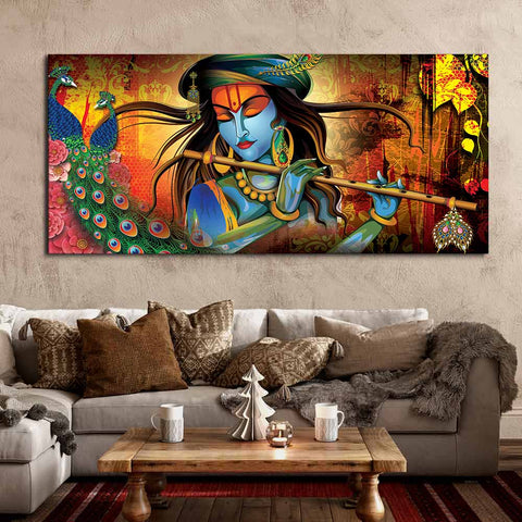Lord Krishna Playing Flute Premium Canvas Wall Painting – Decors Mantra