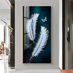 Premium 3D Silver Feather Acrylic Wall Art - Vertical Luxury Glass Pai ...