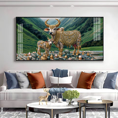 Sacred Kamdhenu Cow and Calf Acrylic Painting-Vastu Shastra Wall Art f ...