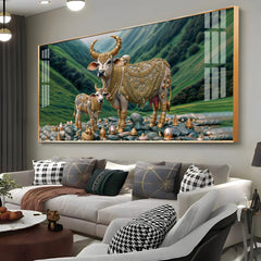 Sacred Kamdhenu Cow and Calf Acrylic Painting-Vastu Shastra Wall Art f ...
