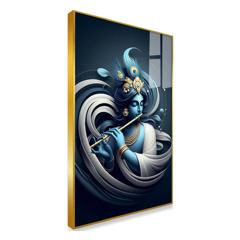 Lord Krishna Playing Flute – Divine Blue Abstract Canvas Wall Art with ...
