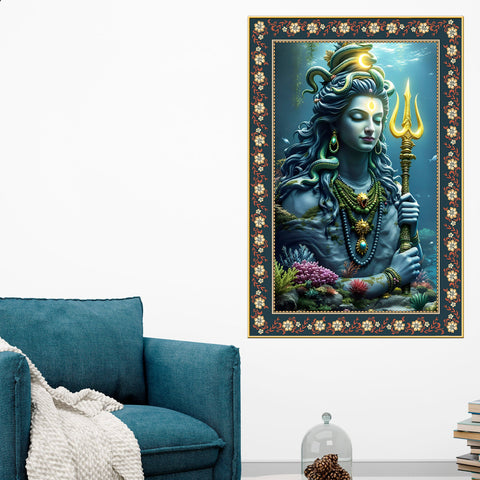 Majestic Shiva with Trident Floral Border Vertical Wall Painting ...