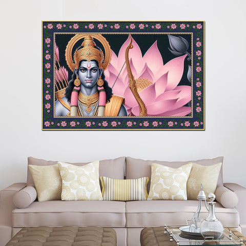 Shree Ram in Lotus Background Floral Border Canvas Wall Painting ...